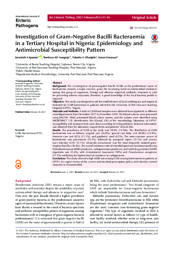 (PDF) Investigation of Gram-Negative Bacilli Bacteraemia in a Tertiary Hospital in Nigeria ...