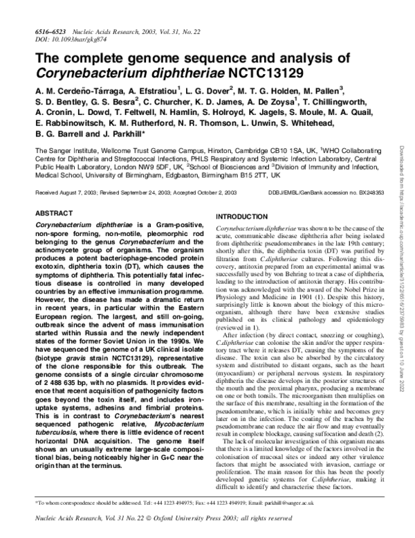 (PDF) The complete genome sequence and analysis of Corynebacterium ...