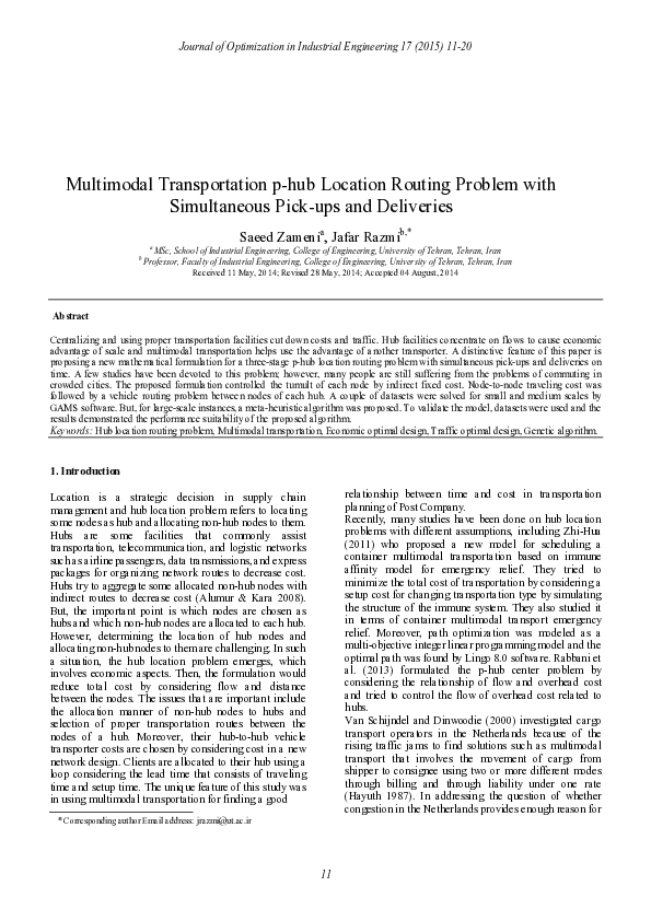 Pdf Multimodal Transportation P Hub Location Routing Problem With Simultaneous Pick Ups And