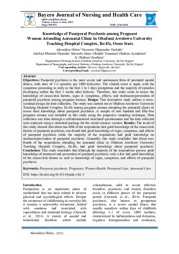 (PDF) Knowledge of Puerperal Psychosis among Pregnant Women Attending ...
