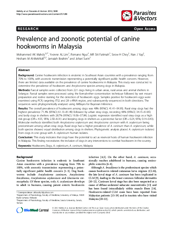(PDF) Prevalence and zoonotic potential of canine hookworms in Malaysia