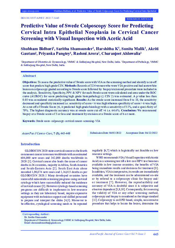 (PDF) Predictive Value of Swede Colposcopy Score for Predicting ...