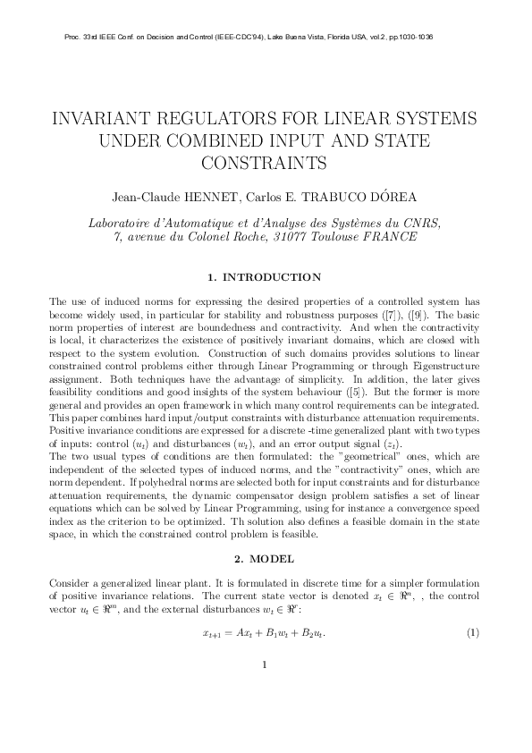 Pdf Invariant Regulators For Linear Systems Under Combined Input And