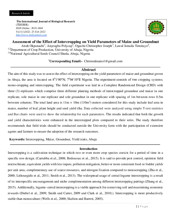 (PDF) Assessment of the Effect of Intercropping on Yield Parameters of Maize and Groundnut