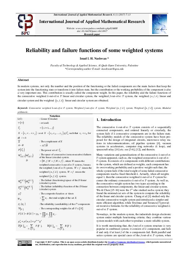 (PDF) Reliability and failure functions of some wighted systems