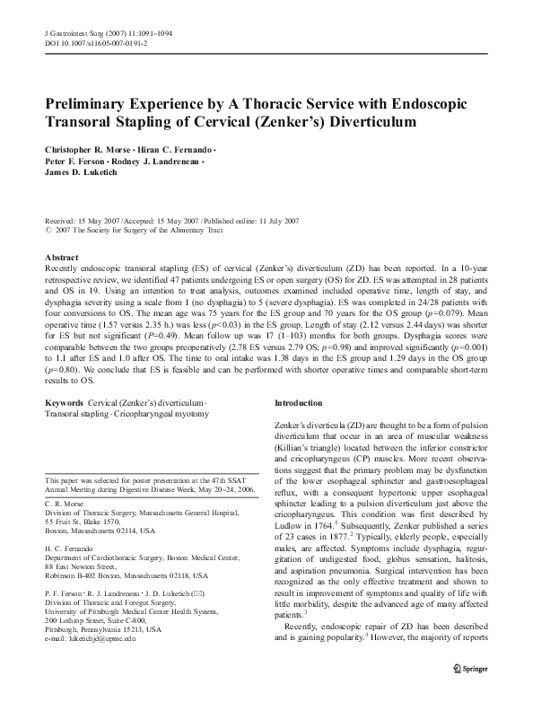 (PDF) Preliminary Experience by A Thoracic Service with Endoscopic ...
