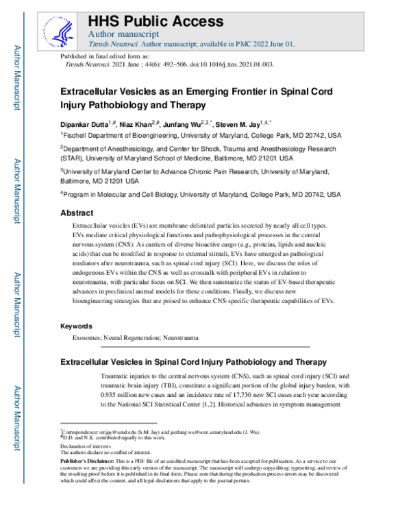 (PDF) Extracellular Vesicles as an Emerging Frontier in Spinal Cord Injury Pathobiology and Therapy