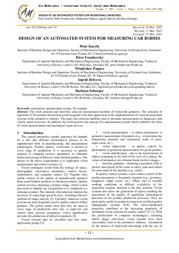 (PDF) Design of an Automated System for Measuring Car Bodies
