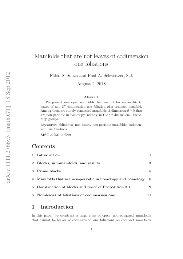 (PDF) Manifolds That Are Not Leaves of Codimension One Foliations