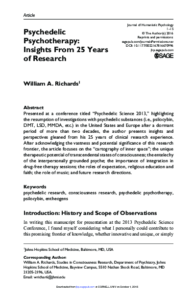 (PDF) Psychedelic Psychotherapy: Insights From 25 Years of Research