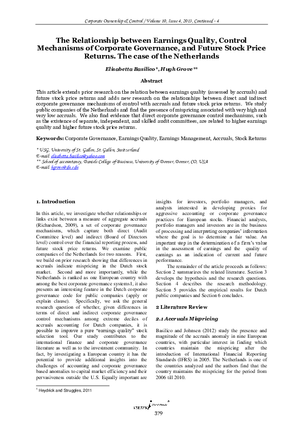 (PDF) The Relationship between Earnings Quality, Control Mechanisms of ...