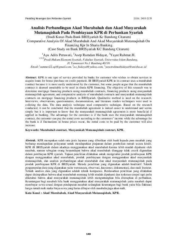 (PDF) Analisis Perbandingan Akad Murabahah dan Akad Musyarakah Mutanaqishah Pada Pembiayaan Kpr ...