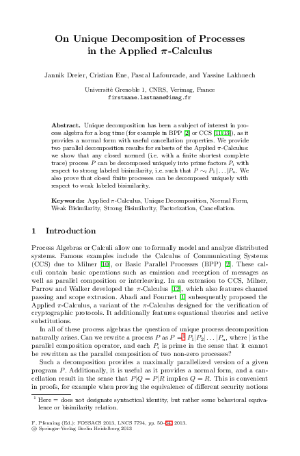 (PDF) On Unique Decomposition of Processes in the Applied π-Calculus