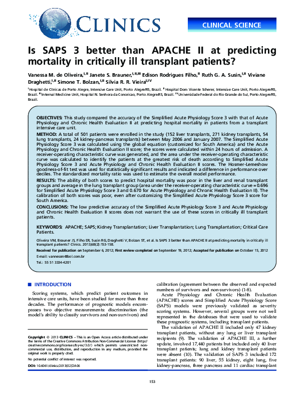 (PDF) Is SAPS 3 better than APACHE II at predicting mortality in ...