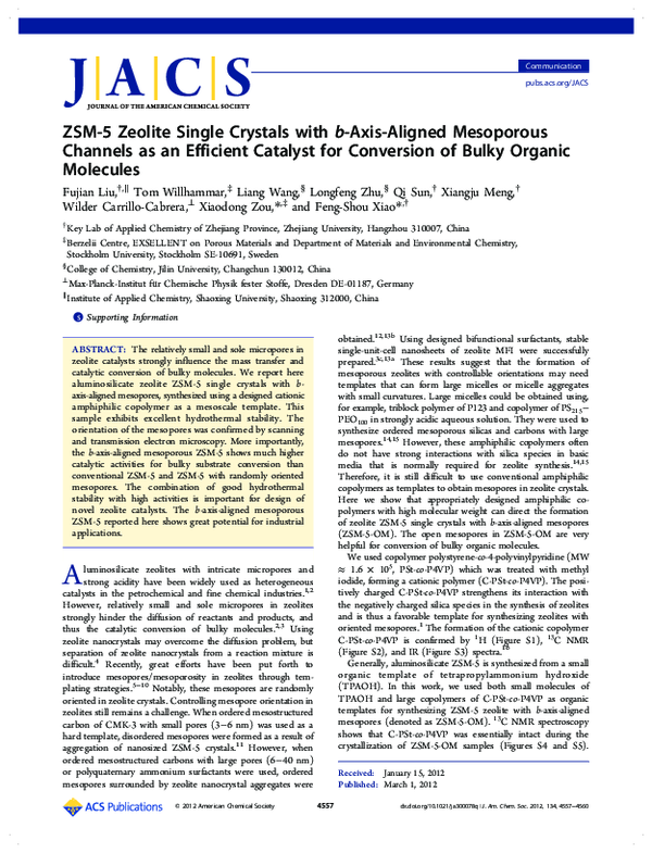 (PDF) ZSM-5 Zeolite Single Crystals with b-Axis-Aligned Mesoporous ...