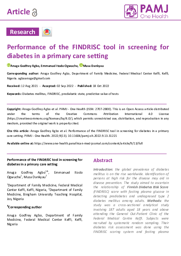 (PDF) Performance of the FINDRISC tool in screening for diabetes in a ...