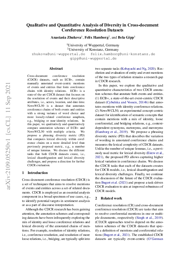Pdf Qualitative And Quantitative Analysis Of Diversity In Cross Document Coreference 