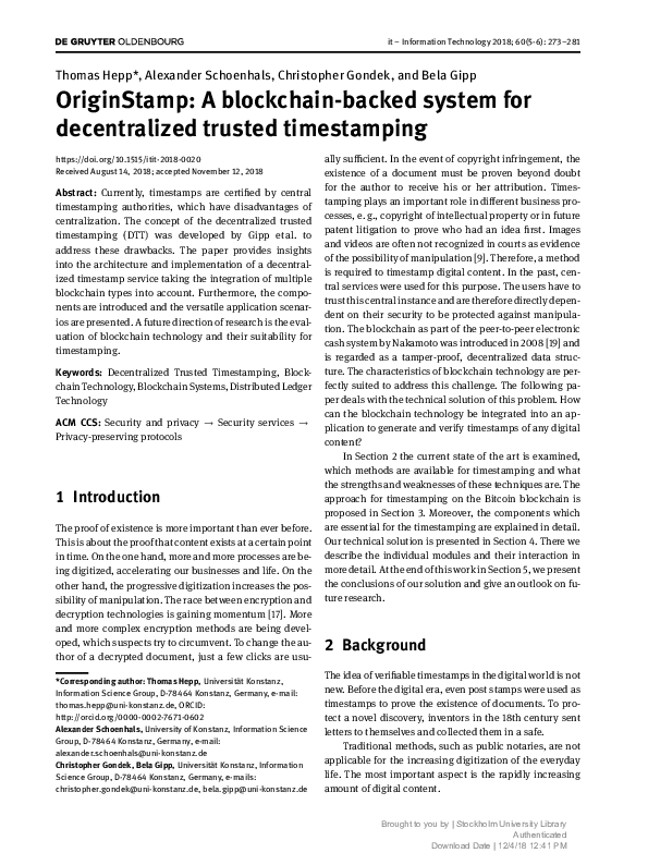 (PDF) Decentralized Timestamping via Blockchain