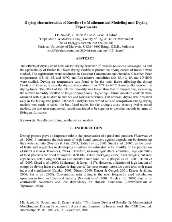 (PDF) Drying characteristics of Roselle (1): Mathematical Modeling and Drying Experiments