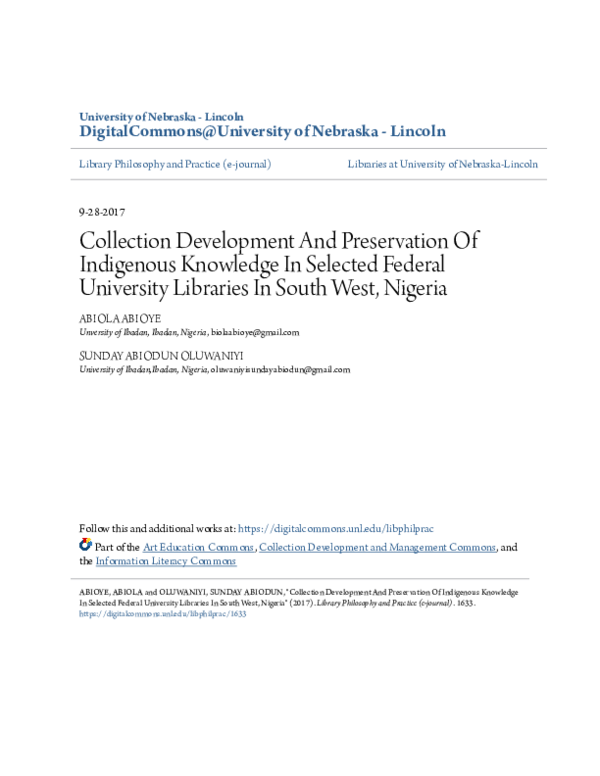 (PDF) Collection Development And Preservation Of Indigenous Knowledge ...