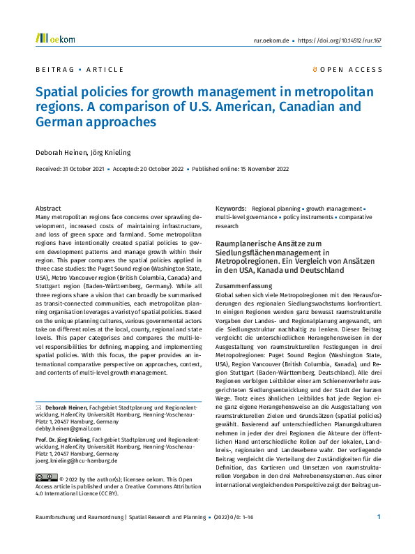 (PDF) Spatial policies for growth management in metropolitan regions. A ...
