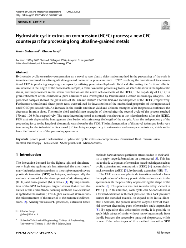 (PDF) Hydrostatic cyclic extrusion compression (HCEC) process; a new ...