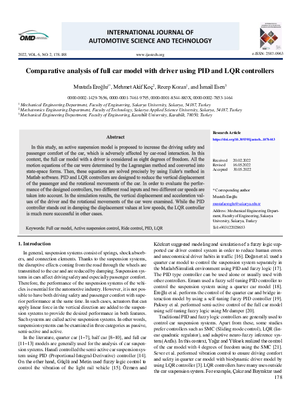 Pdf Comparative Analysis Of Full Car Model With Driver Using Pid And Lqr Controllers