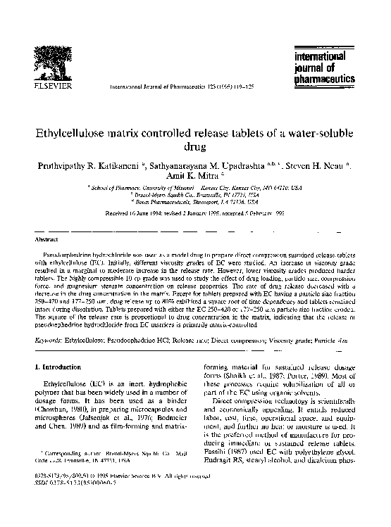 Pdf Ethylcellulose Matrix Controlled Release Tablets Of A Water Soluble Drug