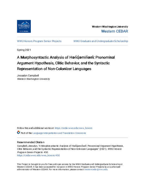 (PDF) A Morphosyntactic Analysis of Hən̓q̓əmin̓əm̓: Pronominal Argument Hypothesis, Clitic ...