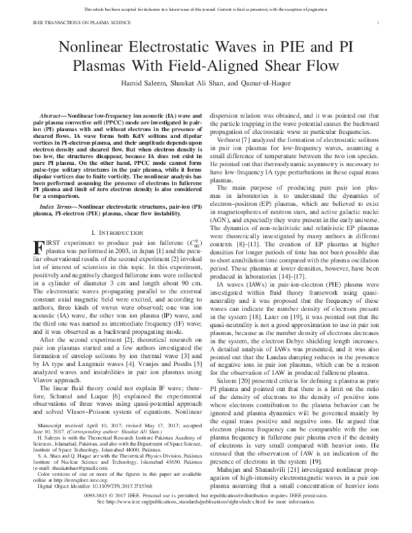 (PDF) Nonlinear Electrostatic Waves in PIE and PI Plasmas With Field ...
