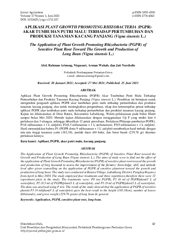 (PDF) APLIKASI PLANT GROWTH PROMOTING RHIZOBACTERIA (PGPR) AKAR TUMBUHAN PUTRI MALU TERHADAP ...