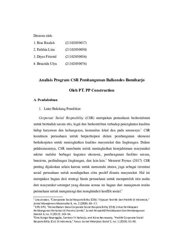 (DOC) Analisis Program CSR Pembangunan Balkondes Bumiharjo Oleh PT. PP Construction
