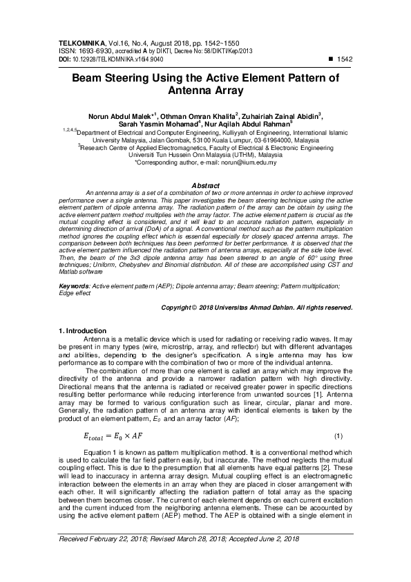 (PDF) Beam Steering using the Active Element Pattern of Antenna Array