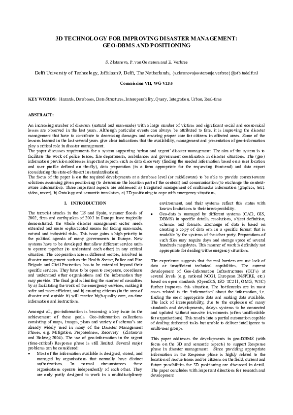 (PDF) 3D technology for improving Disaster Management: Geo-DBMS and positioning