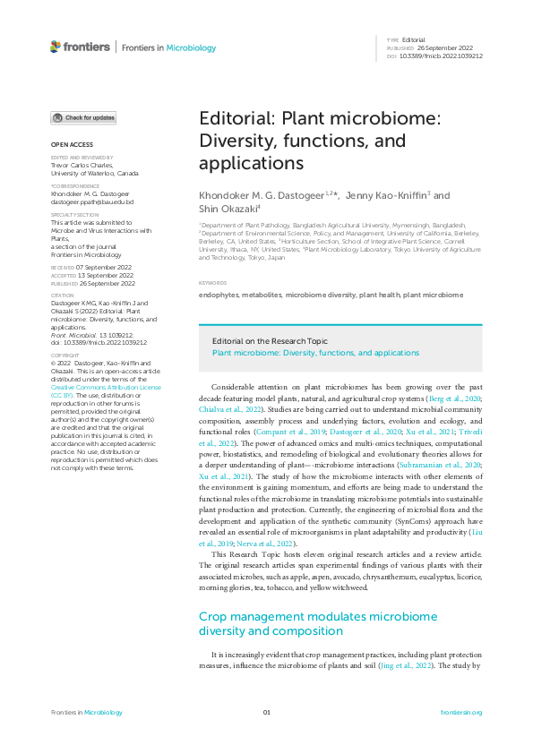 (PDF) Editorial: Plant microbiome: Diversity, functions, and applications
