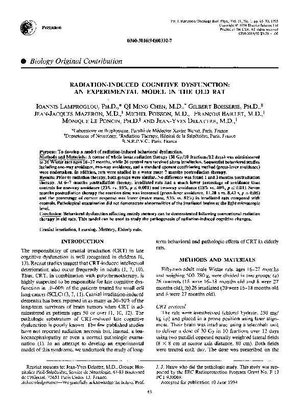 (PDF) Radiation-induced cognitive dysfunction: An experimental model in ...