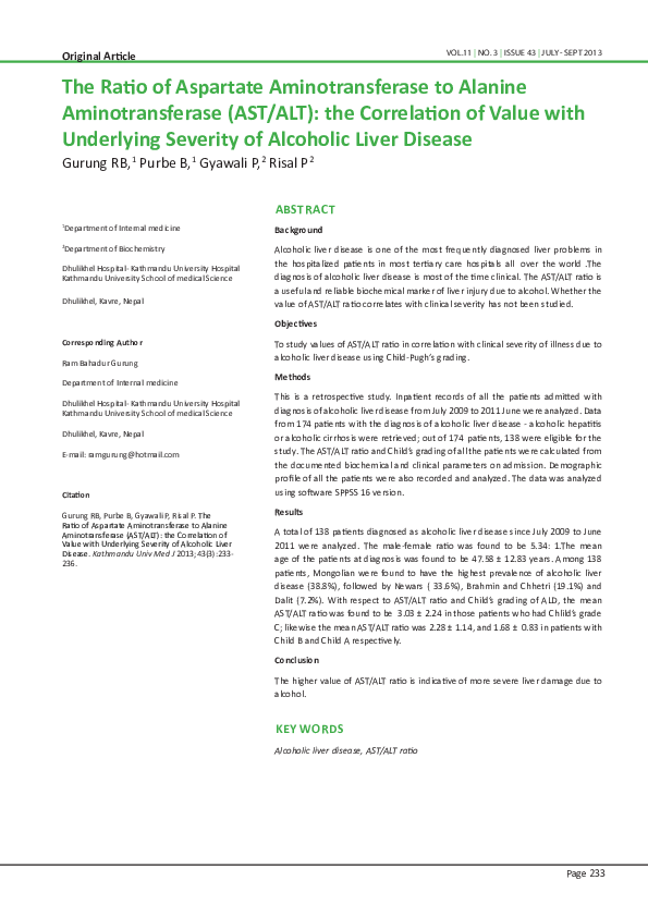 (PDF) The Ratio of Aspartate Aminotransferase to Alanine ...