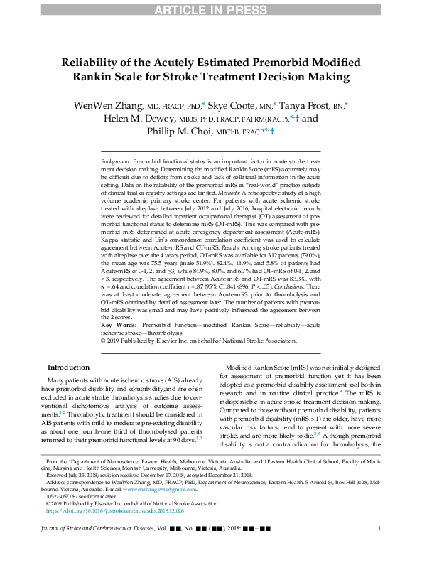 (PDF) Reliability of the Acutely Estimated Premorbid Modified Rankin ...