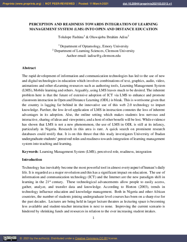(PDF) Perception and Readiness Towards Integration of Learning Management System (LMS) Into Open ...