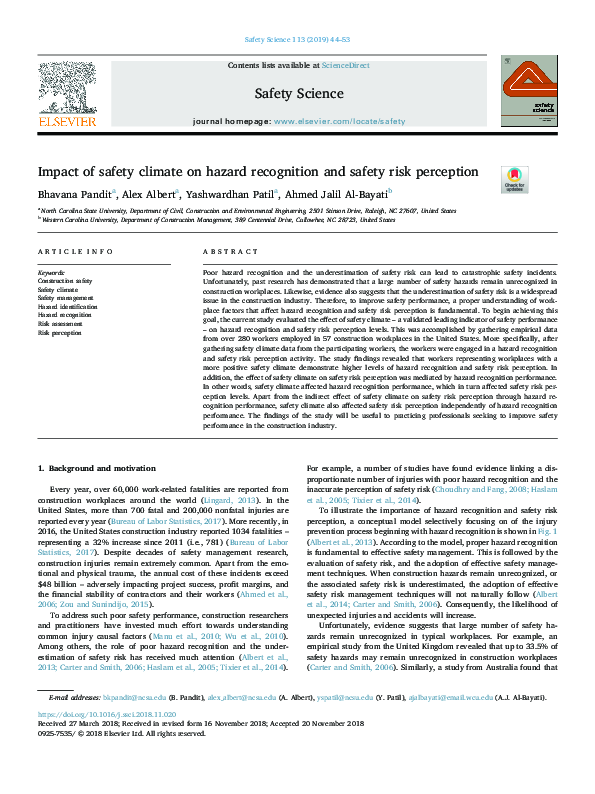 (PDF) Impact of safety climate on hazard recognition and safety risk ...