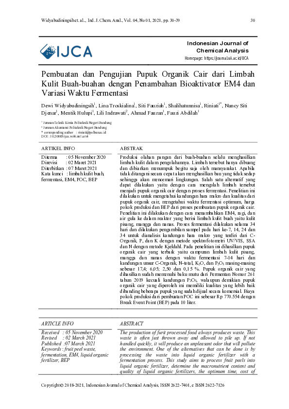 (PDF) Pembuatan dan Pengujian Pupuk Organik Cair dari Limbah Kulit Buah-buahan dengan Penambahan ...