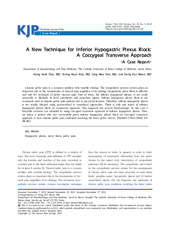 Pdf A New Technique For Inferior Hypogastric Plexus Block A 5824