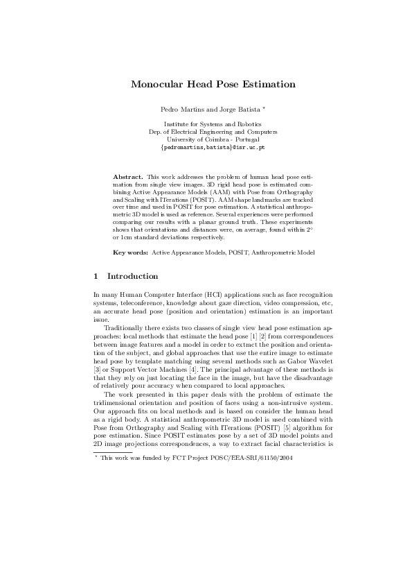 (PDF) Monocular Head Pose Estimation
