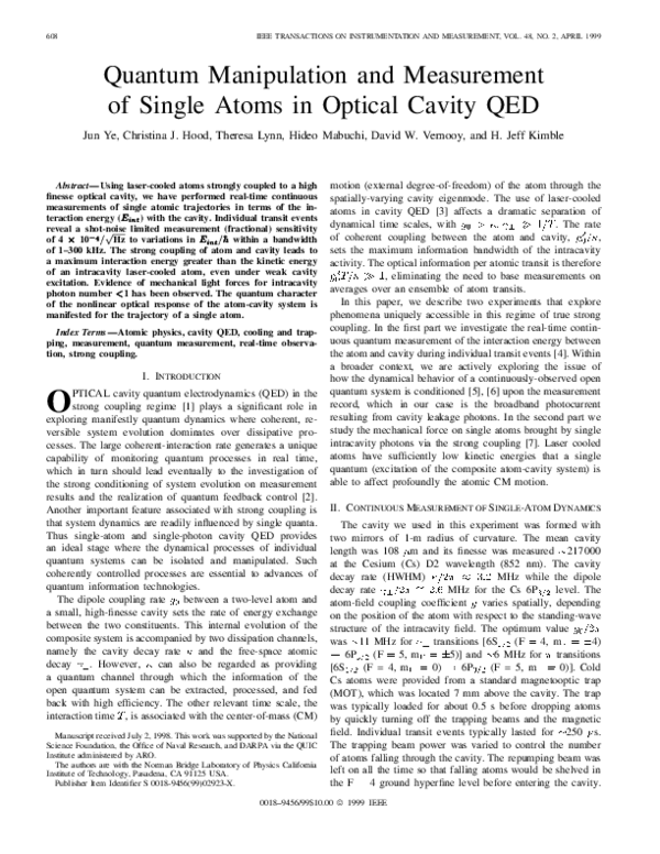 (PDF) Quantum manipulation and measurement of single atoms in optical cavity QED