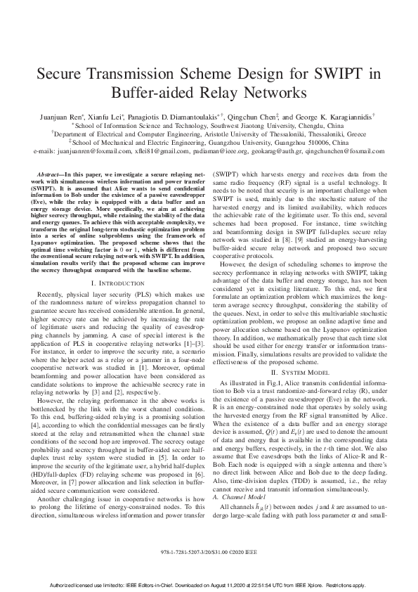 Pdf Secure Transmission Scheme Design For Swipt In Buffer Aided Relay Networks