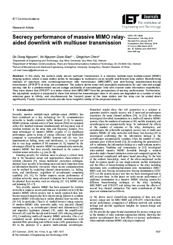 Pdf Secrecy Performance Of Massive Mimo Relay‐aided Downlink With Multiuser Transmission