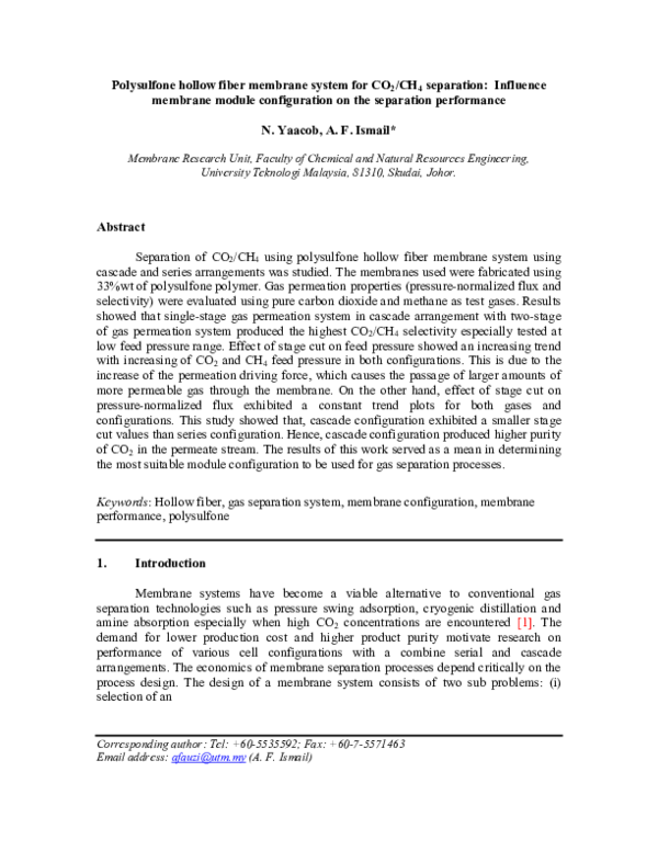(PDF) Polysulfone hollow fiber membrane system for CO2/CH4 separation: Influence membrane module ...