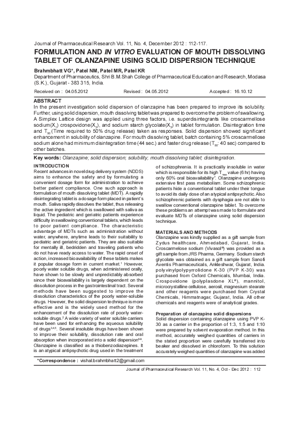 Pdf Formulation And In Vitro Evaluation Of Mouth Dissolving Tablet Of Olanzapine Using Solid