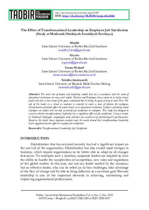(PDF) The Effect of Transformational Leadership on Employee Job Satisfaction (Study at Madrasah ...