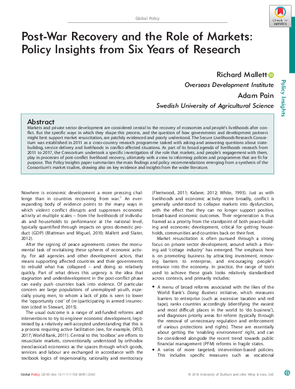(PDF) Post-War Recovery and the Role of Markets: Policy Insights from ...